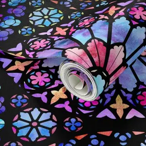 Spoonflower Stained Glass Rose Windows Purple And Red Traditional Wallpaper - Blue,purple,pink