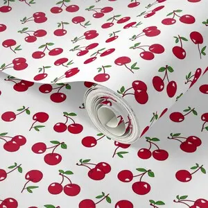 Spoonflower Red White Cherry Rockabilly Retro Kitchen Gothic Traditional Wallpaper - Red,white,gray