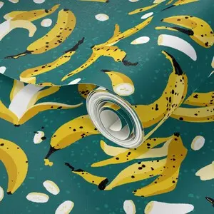 Spoonflower Blue Yellow Teal Retro Fruit 80s Custom Pre-pasted Wallpaper - Yellow,blue,green