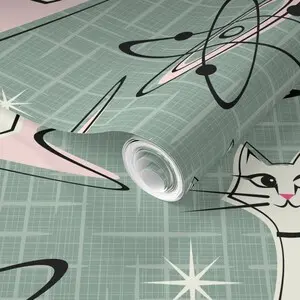 Spoonflower Atomic Cat Field Custom Pre-pasted Wallpaper - Green,beige