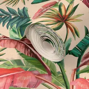 Spoonflower Pink Vintage Green Leaves Palm Tropical Pastel 100% Natural Sisal Grasscloth Wallcovering - Brown,green