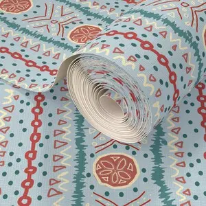 Spoonflower Mudcloth Style Stripes Blue Tribal Pink 100% Natural Sisal Grasscloth Wallcovering - Pink,blue