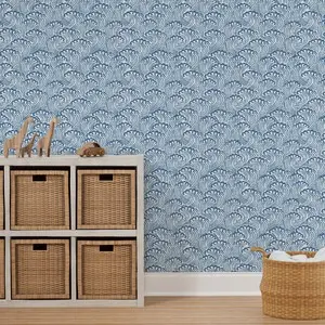 Spoonflower Japanese Light Decor Waves Interior Ocean Custom Pre-pasted Wallpaper