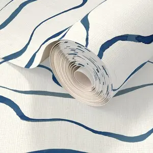 Spoonflower Navy Blue Watercolor Waves 100% Natural Sisal Grasscloth Wallcovering - Blue,navy