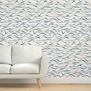 Spoonflower Navy Blue Watercolor Waves 100% Natural Sisal Grasscloth Wallcovering