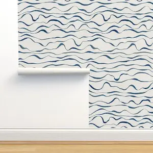Spoonflower Navy Blue Watercolor Waves 100% Natural Sisal Grasscloth Wallcovering