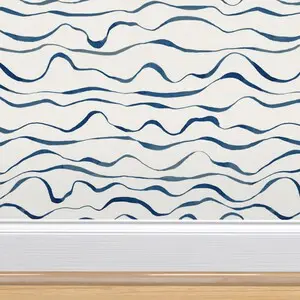 Spoonflower Navy Blue Watercolor Waves 100% Natural Sisal Grasscloth Wallcovering