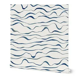 Spoonflower Navy Blue Watercolor Waves 100% Natural Sisal Grasscloth Wallcovering
