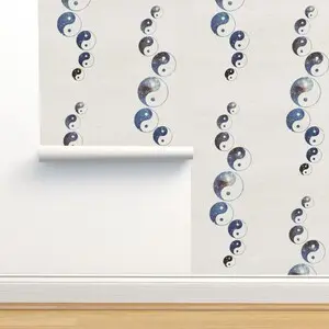 Spoonflower Yin And Yang Space Curves 100% Natural Sisal Grasscloth Wallcovering - White,blue