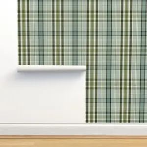 Spoonflower Wilderness Plaid Mint Regular Scale 100% Natural Sisal Grasscloth Wallcovering