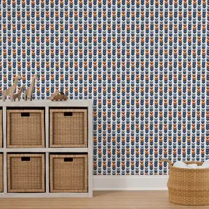 Spoonflower Blue Orange Grey Navy Feather Arrows Custom Pre-pasted Wallpaper