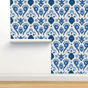 Spoonflower Nina Ikat In Ginger Jar 100% Natural Sisal Grasscloth Wallcovering - Navy,blue,white