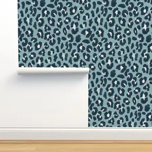 Spoonflower Navy And Teal Blue Leopard 100% Natural Sisal Grasscloth Wallcovering