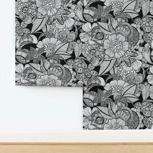 Spoonflower Black And White Flowers Dots Lines Traditional Wallpaper