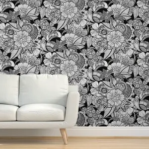 Spoonflower Black And White Flowers Dots Lines Traditional Wallpaper