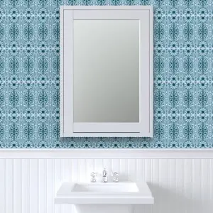 Spoonflower Sunflower Elegant Art Nouveau Edwardian Custom Pre-pasted Wallpaper - Blue