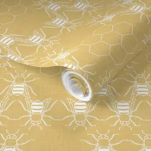 Spoonflower Honey Bee Yellow White Custom Removable Wallpaper - Yellow,white,brown