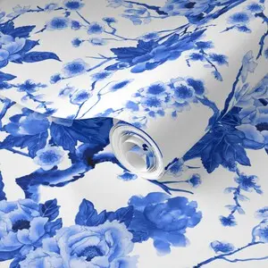 Spoonflower Flower Bloom Floral Chinese Japanese Tree Branch Custom Pre-pasted Wallpaper - Blue