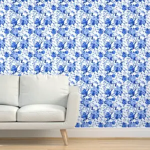 Spoonflower Flower Bloom Floral Chinese Japanese Tree Branch Custom Pre-pasted Wallpaper - Blue