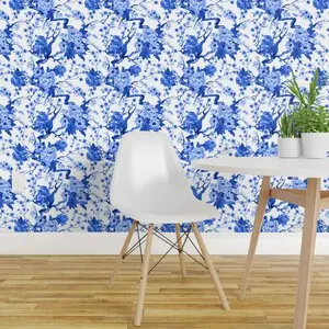 Spoonflower Flower Bloom Floral Chinese Japanese Tree Branch Custom Pre-pasted Wallpaper - Blue