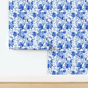 Spoonflower Flower Bloom Floral Chinese Japanese Tree Branch Custom Pre-pasted Wallpaper - Blue