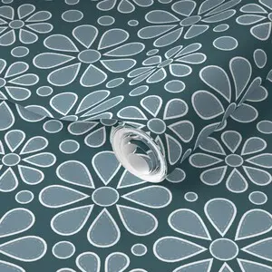 Spoonflower Flowers Retro Winter Mid Century Custom Removable Wallpaper - Blue