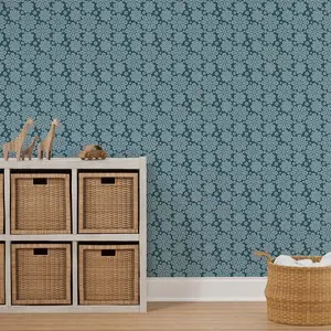 Spoonflower Flowers Retro Winter Mid Century Custom Removable Wallpaper - Blue