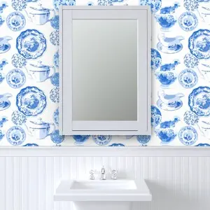 Spoonflower Delft And White China Teapots Teacups Plates Custom Removable Wallpaper