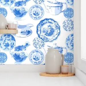Spoonflower Delft And White China Teapots Teacups Plates Custom Removable Wallpaper
