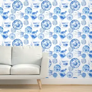 Spoonflower Delft And White China Teapots Teacups Plates Custom Removable Wallpaper