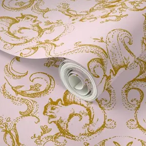 Spoonflower Pink Squirrel Gold Rabbit Bunny Damask Custom Pre-pasted Wallpaper - Pink,brown