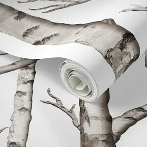 Spoonflower Woodland Forest Birch White Trees Winter Branches Traditional Wallpaper - White,gray,brown