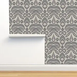 Spoonflower Neutral Bloom Ikat 100% Natural Sisal Grasscloth Wallcovering - Gray,beige,grey