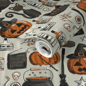 Spoonflower Vintage Halloween Pumpkin Cat Spooky Style Orange Custom Pre-pasted Wallpaper - Black,orange,gray