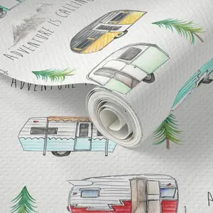 Spoonflower Retro Camping Camper Adventure Traditional Wallpaper - Gray,green,mint
