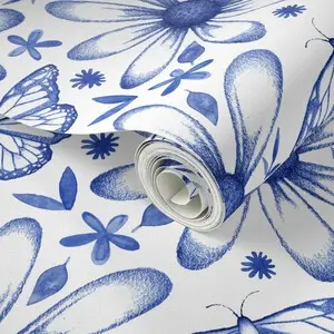 Spoonflower Butterfly Insect Botanical Nature Daisies Daisy Custom Pre-pasted Wallpaper - Blue