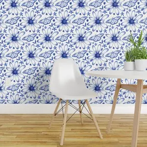 Spoonflower Butterfly Insect Botanical Nature Daisies Daisy Custom Pre-pasted Wallpaper