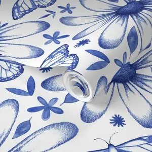 Spoonflower Butterfly Insect Botanical Nature Daisies Daisy Custom Pre-pasted Wallpaper - Blue