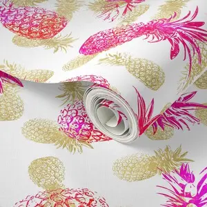 Spoonflower Neon Colors Pineapples Bright Pink Kitchen Pattern Traditional Wallpaper - Gray,pink,brown