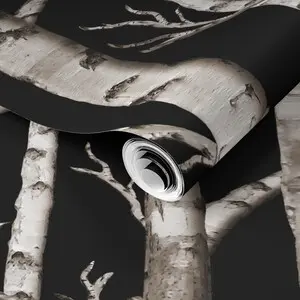 Spoonflower Birch Grove Forest Woods Birches Trees Custom Pre-pasted Wallpaper - Black,white,gray