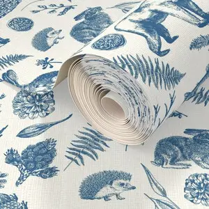 Spoonflower Woodland Toile Blue Smaller Scale 100% Natural Sisal Grasscloth Wallcovering - Blue,orange