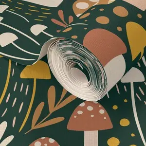 Spoonflower Woodland Mushroom Meadow Green Larger Scale 100% Natural Sisal Grasscloth Wallcovering - Green,beige