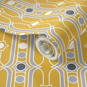Spoonflower Stripe Yellow Grey Gold Geometric Custom Removable Wallpaper - Yellow,gray,brown