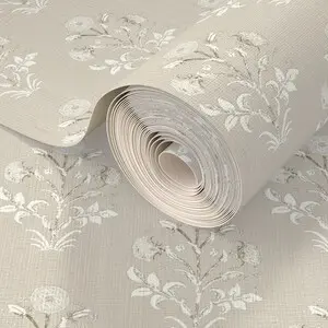 Spoonflower Natural Indian Mughal Flower White On 100% Natural Sisal Grasscloth Wallcovering - Beige