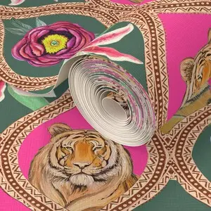 Spoonflower Tigers And Lilies Ogee With Peony In Fuchsia 100% Natural Sisal Grasscloth Wallcovering - Pink,green