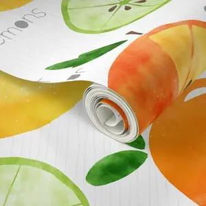 Spoonflower Citrus Fruit Watercolor Summer Kitchen Oranges Custom Pre-pasted Wallpaper - Orange,yellow,green