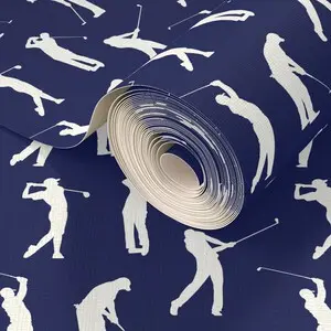Spoonflower Golfers Dark Blue Small Golf Golfer Cave Game 100% Natural Sisal Grasscloth Wallcovering - Blue,white,gray