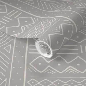 Spoonflower Mudcloth Bone Africa Inspired Boho Home Traditional Wallpaper - Gray