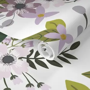 Spoonflower Purple Springs And Florals Traditional Wallpaper - Green,purple,gray
