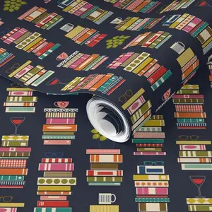Spoonflower Book Reading Books Library Lazy Hygge Glass Of Custom Pre-pasted Wallpaper - Blue,brown,green